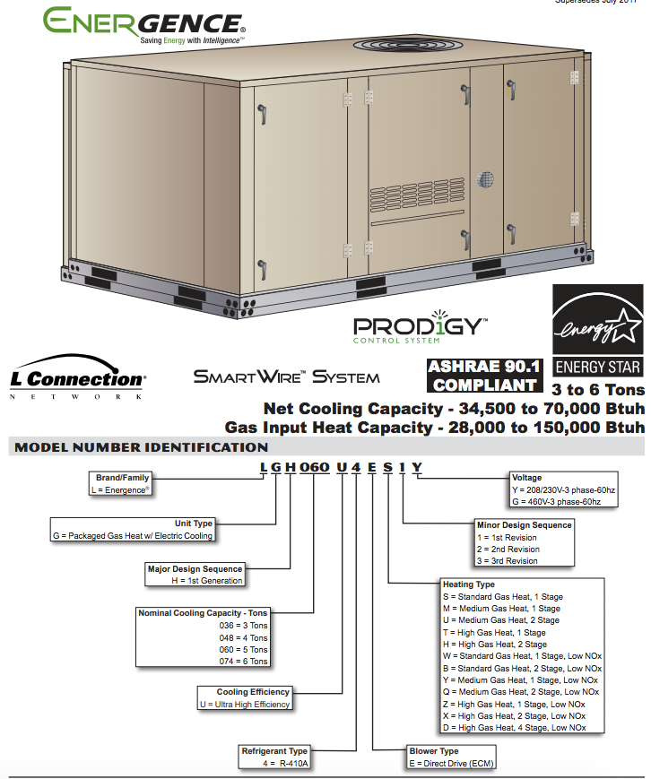 LENNOX 5 TON HI EFFICIENCY PACKAGE UNIT 208/230V 1PH ECONOMIZER GAS/EL ...